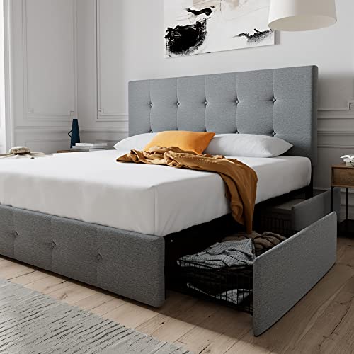 Allewie Queen Upholstered Platform Storage Bed Frame with 4 Drawers & Adjustable Headboard, Square Stitched Button Tufted Design, Mattress Foundation, Light Grey