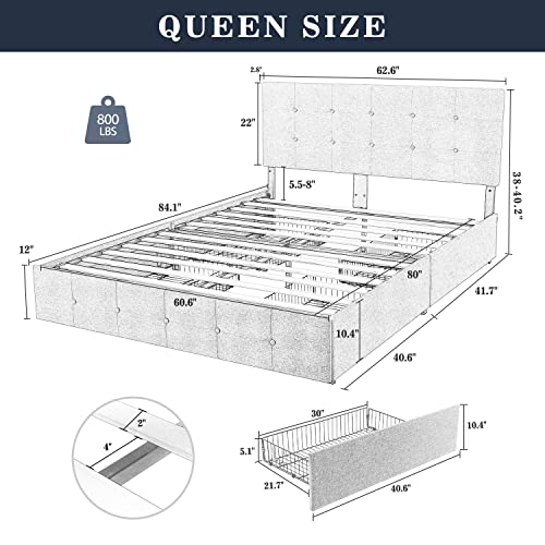 Allewie Queen Upholstered Platform Storage Bed Frame with 4 Drawers & Adjustable Headboard, Square Stitched Button Tufted Design, Mattress Foundation, Light Grey