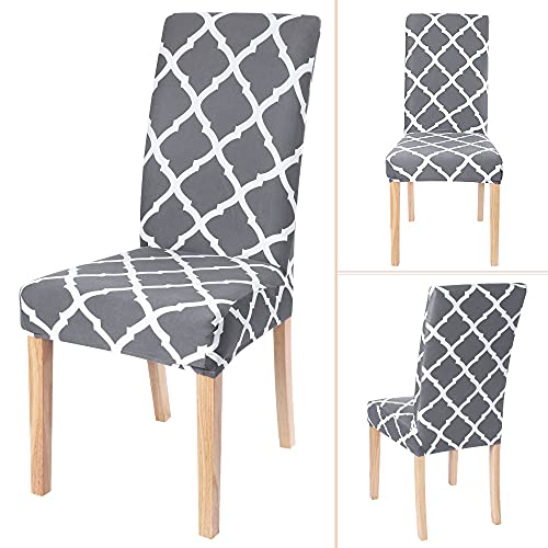 SearchI Dining Room Chair Covers Set of 6, Stretch Spandex Kitchen Chair Slipcovers Removable Washable Geometric Parsons Chair Covers Protector for Dining Room, Hotel, Ceremony (Gray+White)