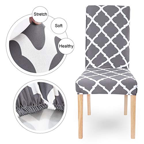 SearchI Dining Room Chair Covers Set of 6, Stretch Spandex Kitchen Chair Slipcovers Removable Washable Geometric Parsons Chair Covers Protector for Dining Room, Hotel, Ceremony (Gray+White)