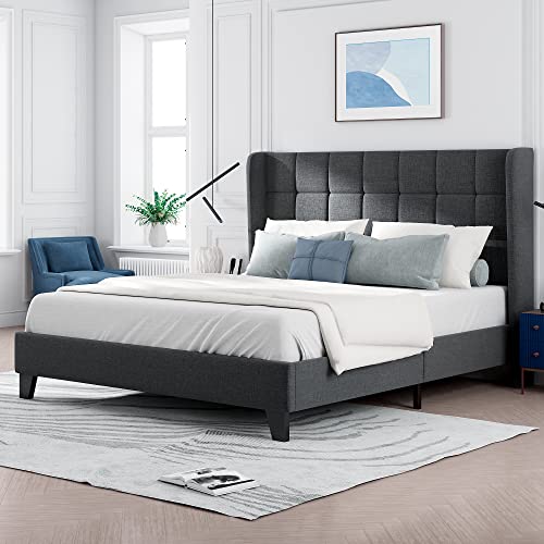 Allewie Queen Size Platform Bed Frame with Wingback/Fabric Upholstered Square Stitched Headboard and Wooden Slats/Mattress Foundation/Box Spring Optional/Easy Assembly, Dark Grey