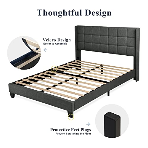 Allewie Queen Size Platform Bed Frame with Wingback/Fabric Upholstered Square Stitched Headboard and Wooden Slats/Mattress Foundation/Box Spring Optional/Easy Assembly, Dark Grey