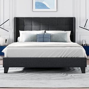 Allewie Queen Size Platform Bed Frame with Wingback/Fabric Upholstered Square Stitched Headboard and Wooden Slats/Mattress Foundation/Box Spring Optional/Easy Assembly, Dark Grey