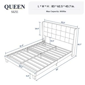 Allewie Queen Size Platform Bed Frame with Wingback/Fabric Upholstered Square Stitched Headboard and Wooden Slats/Mattress Foundation/Box Spring Optional/Easy Assembly, Dark Grey