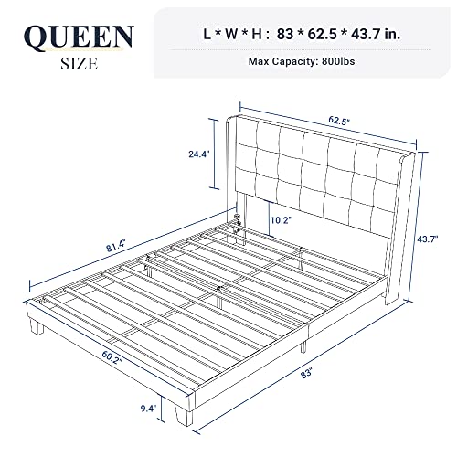 Allewie Queen Size Platform Bed Frame with Wingback/Fabric Upholstered Square Stitched Headboard and Wooden Slats/Mattress Foundation/Box Spring Optional/Easy Assembly, Dark Grey