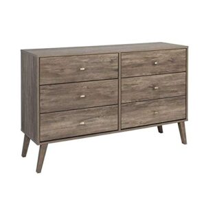 prepac milo mid-century 6 drawer dresser for bedroom, 16″ d x 52.25″ w x 33″ h, drifted gray