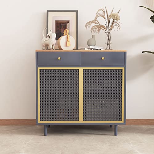 ORRD Modern Buffet Sideboard Cabinet, Iron Rattan Kitchen Accent Storage Cabinet Console Television Table with 2 Doors and 2 Drawers, Buffet Cabinet Accent Cabinet for Living Room Bedroom (Blue)