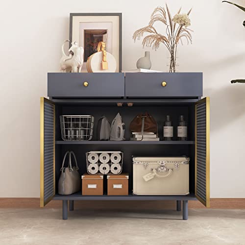 ORRD Modern Buffet Sideboard Cabinet, Iron Rattan Kitchen Accent Storage Cabinet Console Television Table with 2 Doors and 2 Drawers, Buffet Cabinet Accent Cabinet for Living Room Bedroom (Blue)