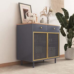 ORRD Modern Buffet Sideboard Cabinet, Iron Rattan Kitchen Accent Storage Cabinet Console Television Table with 2 Doors and 2 Drawers, Buffet Cabinet Accent Cabinet for Living Room Bedroom (Blue)