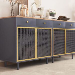 ORRD Modern Buffet Sideboard Cabinet, Iron Rattan Kitchen Accent Storage Cabinet Console Television Table with 2 Doors and 2 Drawers, Buffet Cabinet Accent Cabinet for Living Room Bedroom (Blue)