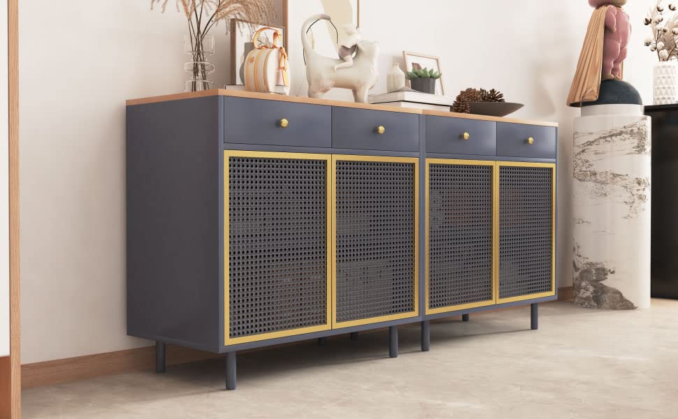 ORRD Modern Buffet Sideboard Cabinet, Iron Rattan Kitchen Accent Storage Cabinet Console Television Table with 2 Doors and 2 Drawers, Buffet Cabinet Accent Cabinet for Living Room Bedroom (Blue)