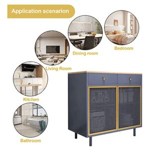 ORRD Modern Buffet Sideboard Cabinet, Iron Rattan Kitchen Accent Storage Cabinet Console Television Table with 2 Doors and 2 Drawers, Buffet Cabinet Accent Cabinet for Living Room Bedroom (Blue)