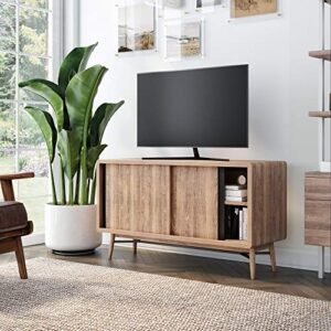 nathan james liam modern mid-century tv stand, media console or entertainment cabinet with sliding doors, oak