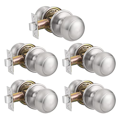 Probrico Brushed Nickel Passage Door Knobs Round Handles for Hall or Closet Knobs Keyless Hardware, 5 Pack