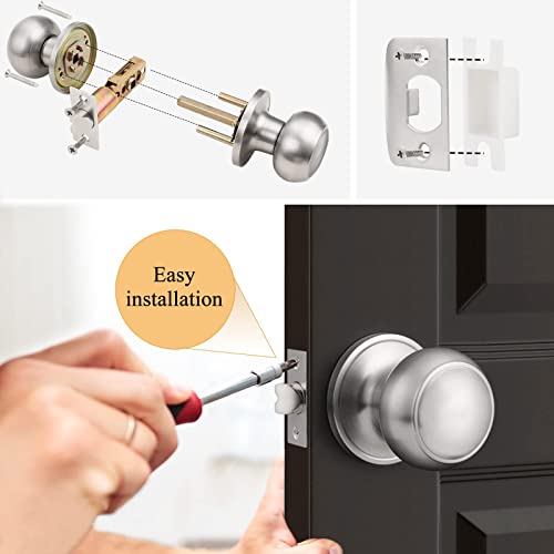 Probrico Brushed Nickel Passage Door Knobs Round Handles for Hall or Closet Knobs Keyless Hardware, 5 Pack