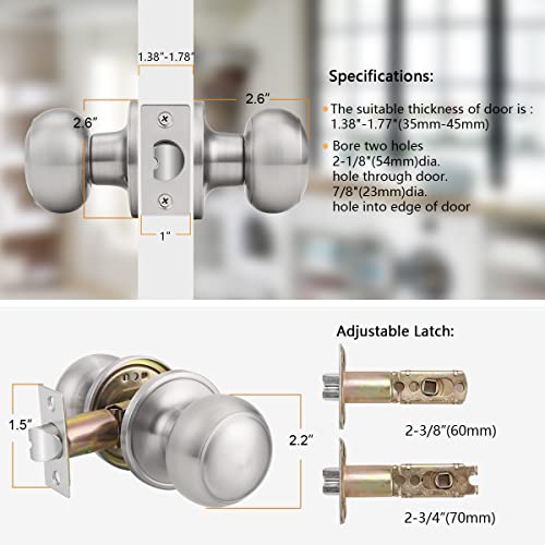 Probrico Brushed Nickel Passage Door Knobs Round Handles for Hall or Closet Knobs Keyless Hardware, 5 Pack