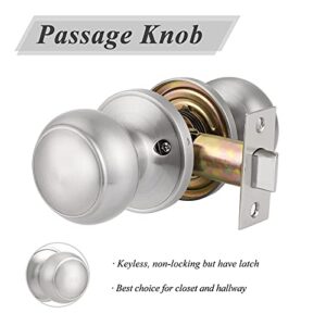 Probrico Brushed Nickel Passage Door Knobs Round Handles for Hall or Closet Knobs Keyless Hardware, 5 Pack