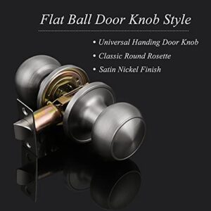 Probrico Brushed Nickel Passage Door Knobs Round Handles for Hall or Closet Knobs Keyless Hardware, 5 Pack