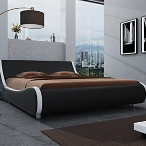 SHA CERLIN Modern Low Profile Platform Bed Frame Queen Size, Stylish Faux Leather Upholstered Sleigh Bed with Adjustable Headboard, No Box Spring Needed, Black&White