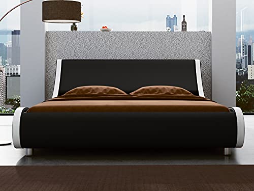 SHA CERLIN Modern Low Profile Platform Bed Frame Queen Size, Stylish Faux Leather Upholstered Sleigh Bed with Adjustable Headboard, No Box Spring Needed, Black&White