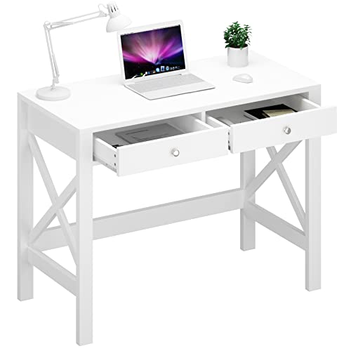 ChooChoo Computer Desk Study for Home Office, Modern Simple 40 Inches White Desk with Drawers, Makeup Vanity Console Table