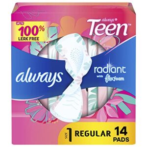 always radiant teen feminine pads for women, size 1 regular absorbency, with flexfoam, with wings, unscented, 14 count