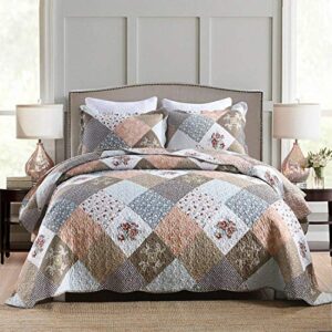 honeilife quilt set king size – 3 piece microfiber quilts reversible bedspreads patchwork coverlets floral bedding set all season quilts-mocha rose,king size