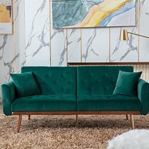 SLEERWAY Velvet Futon Sofa Bed with 5 Golden Metal Legs, Sleeper Sofa Couch with Two Pillows, Convertible Loveseat for Living Room and Bedroom, Green