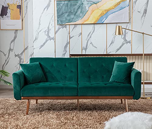 SLEERWAY Velvet Futon Sofa Bed with 5 Golden Metal Legs, Sleeper Sofa Couch with Two Pillows, Convertible Loveseat for Living Room and Bedroom, Green