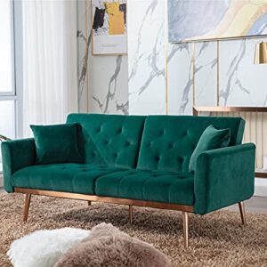 SLEERWAY Velvet Futon Sofa Bed with 5 Golden Metal Legs, Sleeper Sofa Couch with Two Pillows, Convertible Loveseat for Living Room and Bedroom, Green