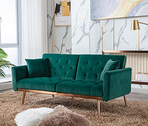 SLEERWAY Velvet Futon Sofa Bed with 5 Golden Metal Legs, Sleeper Sofa Couch with Two Pillows, Convertible Loveseat for Living Room and Bedroom, Green