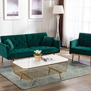 SLEERWAY Velvet Futon Sofa Bed with 5 Golden Metal Legs, Sleeper Sofa Couch with Two Pillows, Convertible Loveseat for Living Room and Bedroom, Green