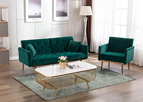 SLEERWAY Velvet Futon Sofa Bed with 5 Golden Metal Legs, Sleeper Sofa Couch with Two Pillows, Convertible Loveseat for Living Room and Bedroom, Green