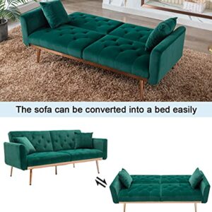 SLEERWAY Velvet Futon Sofa Bed with 5 Golden Metal Legs, Sleeper Sofa Couch with Two Pillows, Convertible Loveseat for Living Room and Bedroom, Green