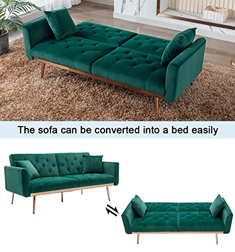 SLEERWAY Velvet Futon Sofa Bed with 5 Golden Metal Legs, Sleeper Sofa Couch with Two Pillows, Convertible Loveseat for Living Room and Bedroom, Green