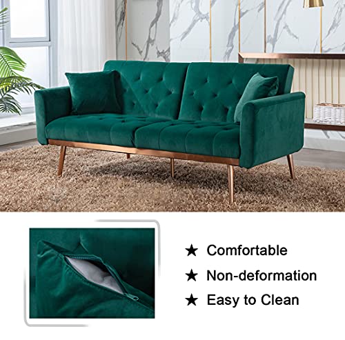 SLEERWAY Velvet Futon Sofa Bed with 5 Golden Metal Legs, Sleeper Sofa Couch with Two Pillows, Convertible Loveseat for Living Room and Bedroom, Green