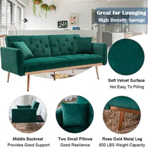 SLEERWAY Velvet Futon Sofa Bed with 5 Golden Metal Legs, Sleeper Sofa Couch with Two Pillows, Convertible Loveseat for Living Room and Bedroom, Green