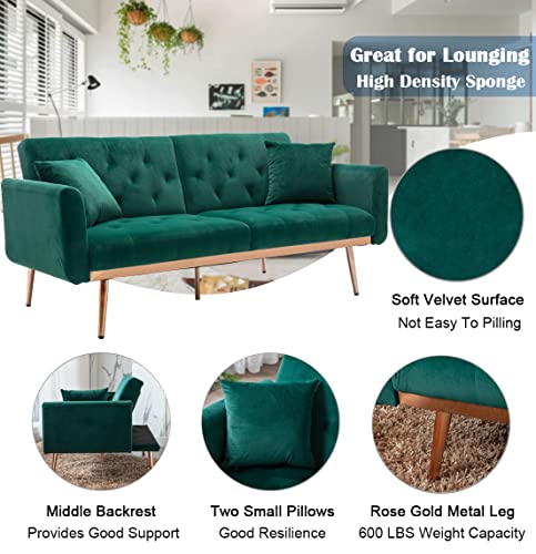 SLEERWAY Velvet Futon Sofa Bed with 5 Golden Metal Legs, Sleeper Sofa Couch with Two Pillows, Convertible Loveseat for Living Room and Bedroom, Green