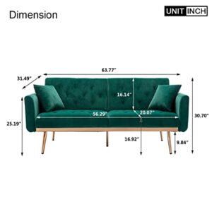 SLEERWAY Velvet Futon Sofa Bed with 5 Golden Metal Legs, Sleeper Sofa Couch with Two Pillows, Convertible Loveseat for Living Room and Bedroom, Green