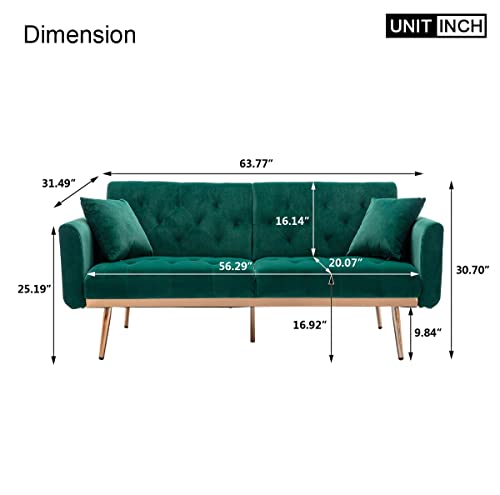 SLEERWAY Velvet Futon Sofa Bed with 5 Golden Metal Legs, Sleeper Sofa Couch with Two Pillows, Convertible Loveseat for Living Room and Bedroom, Green