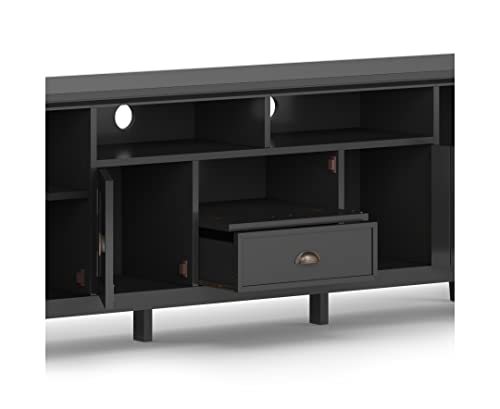 SIMPLIHOME Redmond SOLID WOOD Universal TV Media Stand, 72 inch Wide , Farmhouse Rustic, Living Room Entertainment Center, Storage Shelves and Cabinets, for Flat Screen TVs up to 80 inches in Black