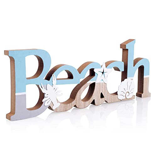 Tide and Tales Free Standing Wooden Beach Sign 15.5" x 6" for Beach House or Coastal Theme Room - Ocean, Shells and Starfish Beach Decorations for Home - Beach Bathroom Decor - Beach Gifts