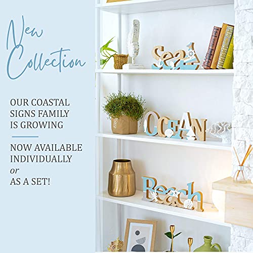 Tide and Tales Free Standing Wooden Beach Sign 15.5" x 6" for Beach House or Coastal Theme Room - Ocean, Shells and Starfish Beach Decorations for Home - Beach Bathroom Decor - Beach Gifts