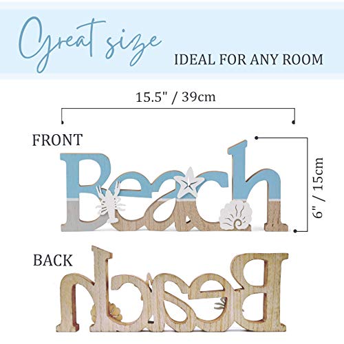 Tide and Tales Free Standing Wooden Beach Sign 15.5" x 6" for Beach House or Coastal Theme Room - Ocean, Shells and Starfish Beach Decorations for Home - Beach Bathroom Decor - Beach Gifts