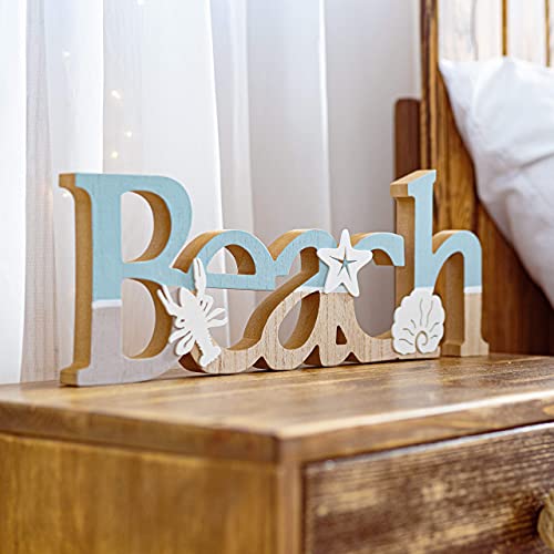 Tide and Tales Free Standing Wooden Beach Sign 15.5" x 6" for Beach House or Coastal Theme Room - Ocean, Shells and Starfish Beach Decorations for Home - Beach Bathroom Decor - Beach Gifts