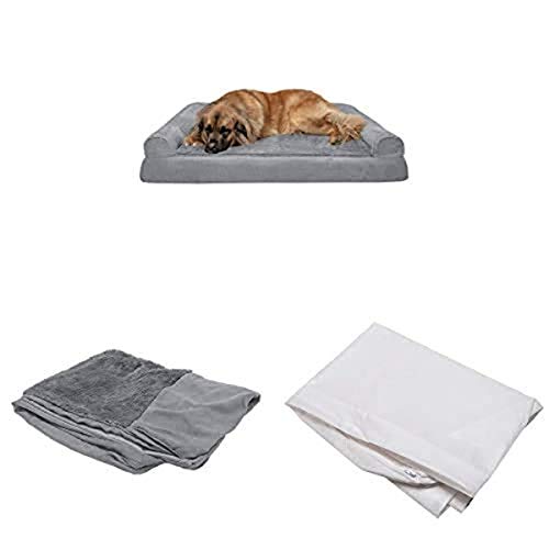 Furhaven Pet Bundle - Jumbo Plus Gray Orthopedic Ultra Plush Faux Fur & Suede Sofa, Extra Dog Bed Cover, & Water-Resistant Mattress Liner for Dogs & Cats