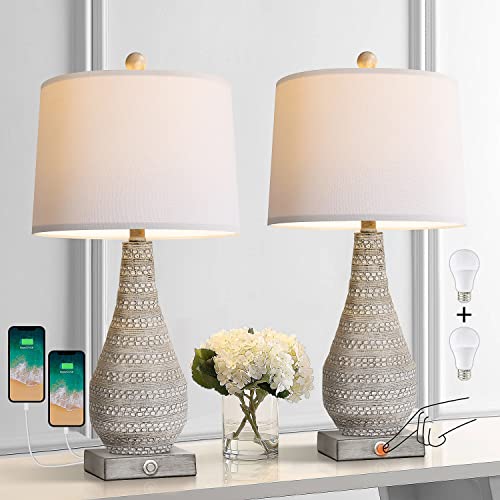 BOBOMOMO 3-Way 24.5’’ Dimmable Touch Control Table Lamp Set of 2 with Dual USB Charging Ports for Bedroom Living Room Farmhouse Traditional Bedside Lamps Rustic Nightstand Lamps (Bulbs Included)