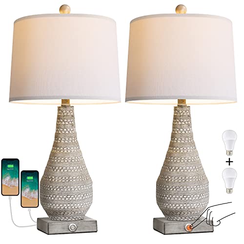 BOBOMOMO 3-Way 24.5’’ Dimmable Touch Control Table Lamp Set of 2 with Dual USB Charging Ports for Bedroom Living Room Farmhouse Traditional Bedside Lamps Rustic Nightstand Lamps (Bulbs Included)