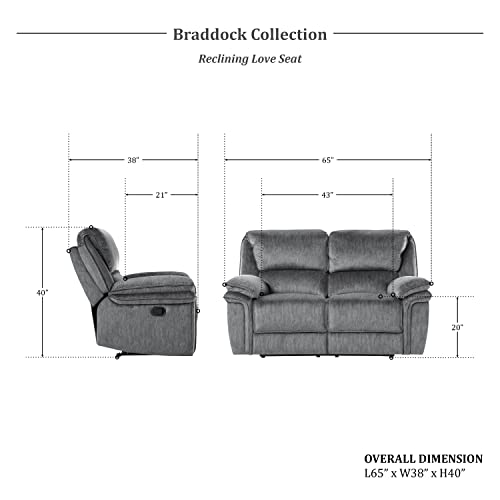 Lexicon Braddock Wall-Hugger Manual Double Reclining Loveseat, Gray