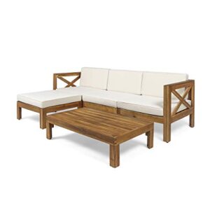 christopher knight home mamie outdoor acacia wood 5 piece sofa set, teak finish, beige